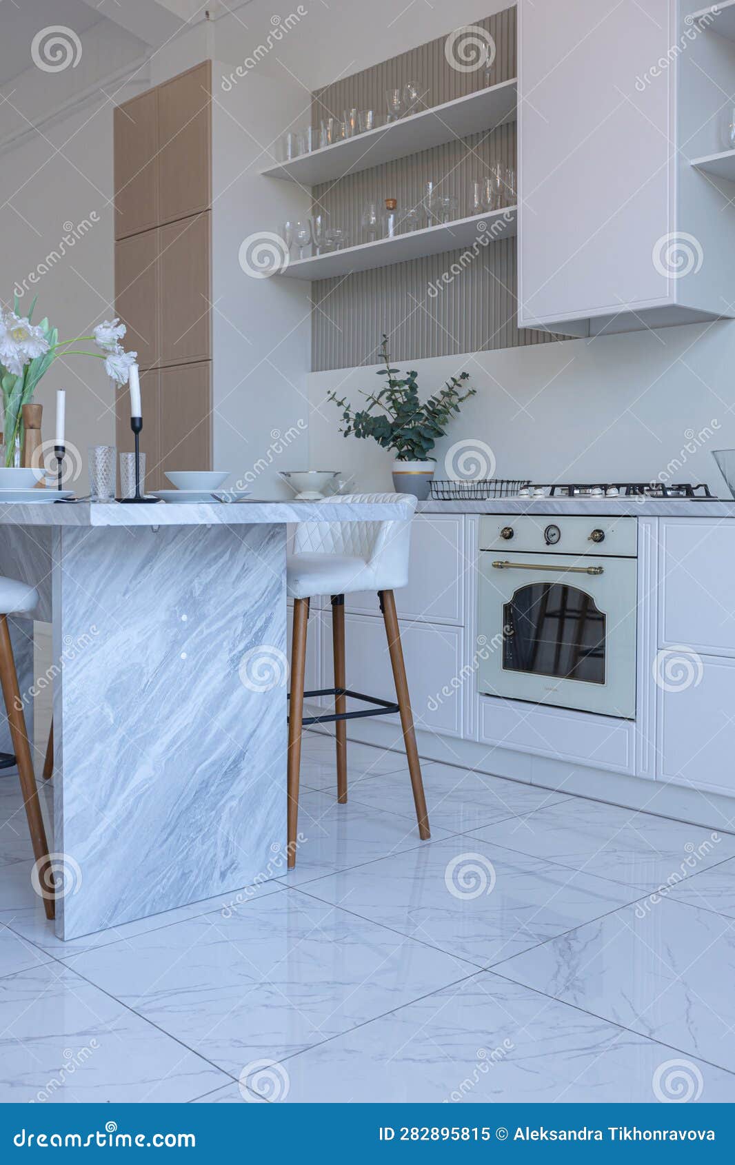 Close View Kitchen with Dinning Marble Table and Hight Bar Stools in ...