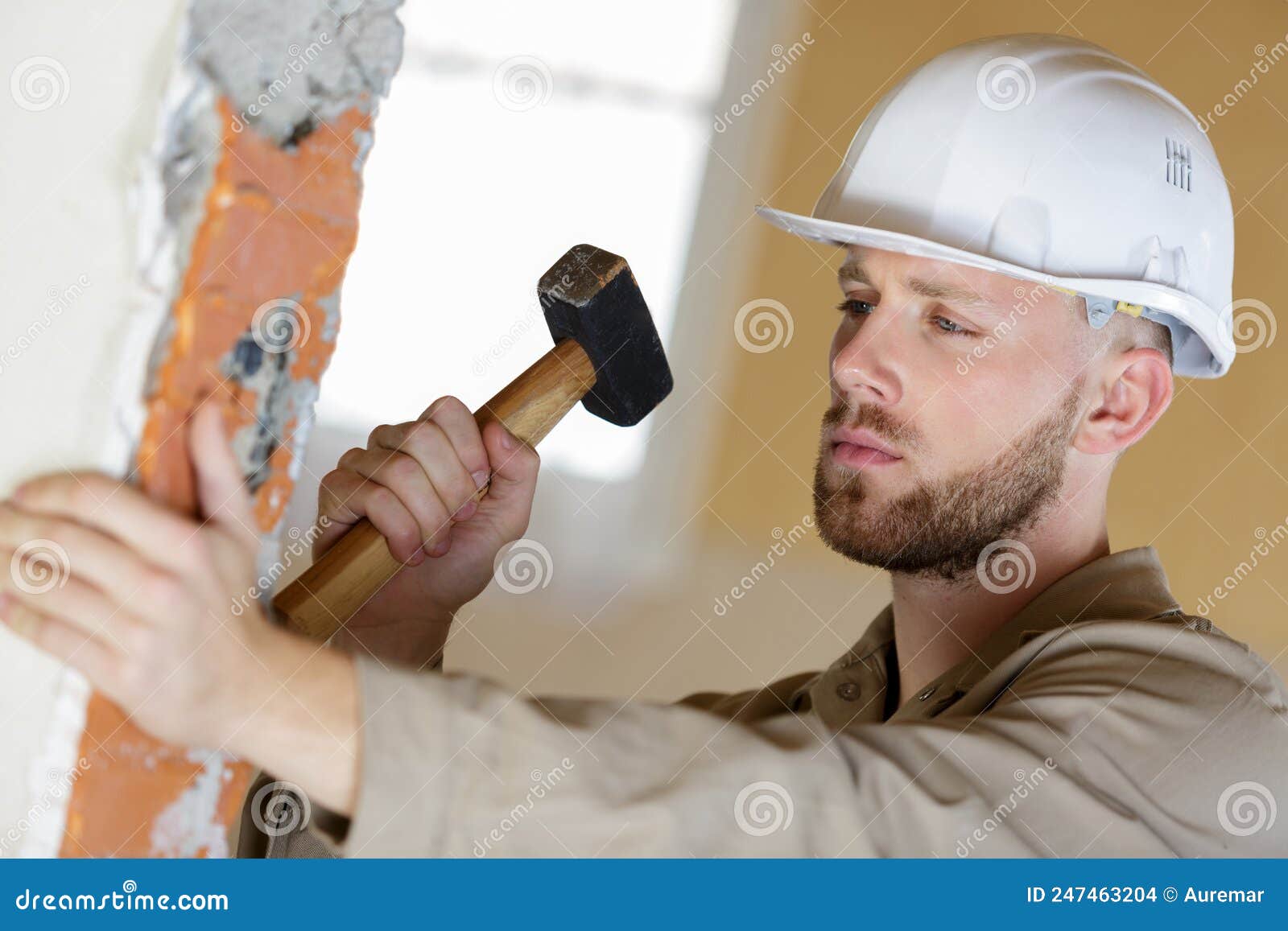 Close View Male Builder Using Sledge Hammer Stock Photo - Image of ...