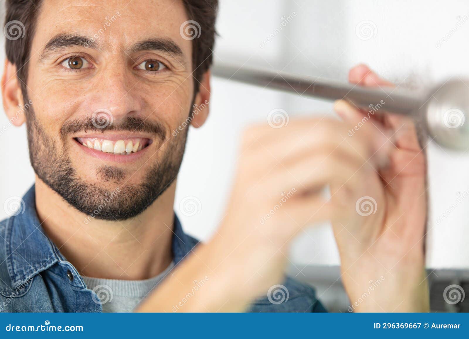 Close View Man Putting Up Curtain Rail Stock Image - Image of casual ...