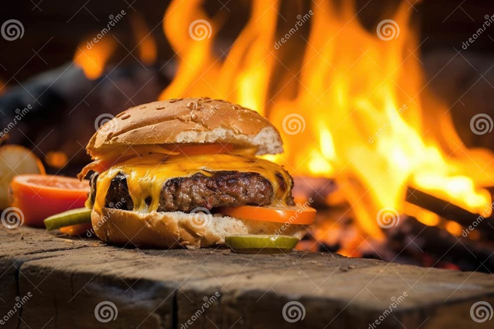 Close View of Melted Cheddar on Burger Over Fire Stock Image - Image of ...