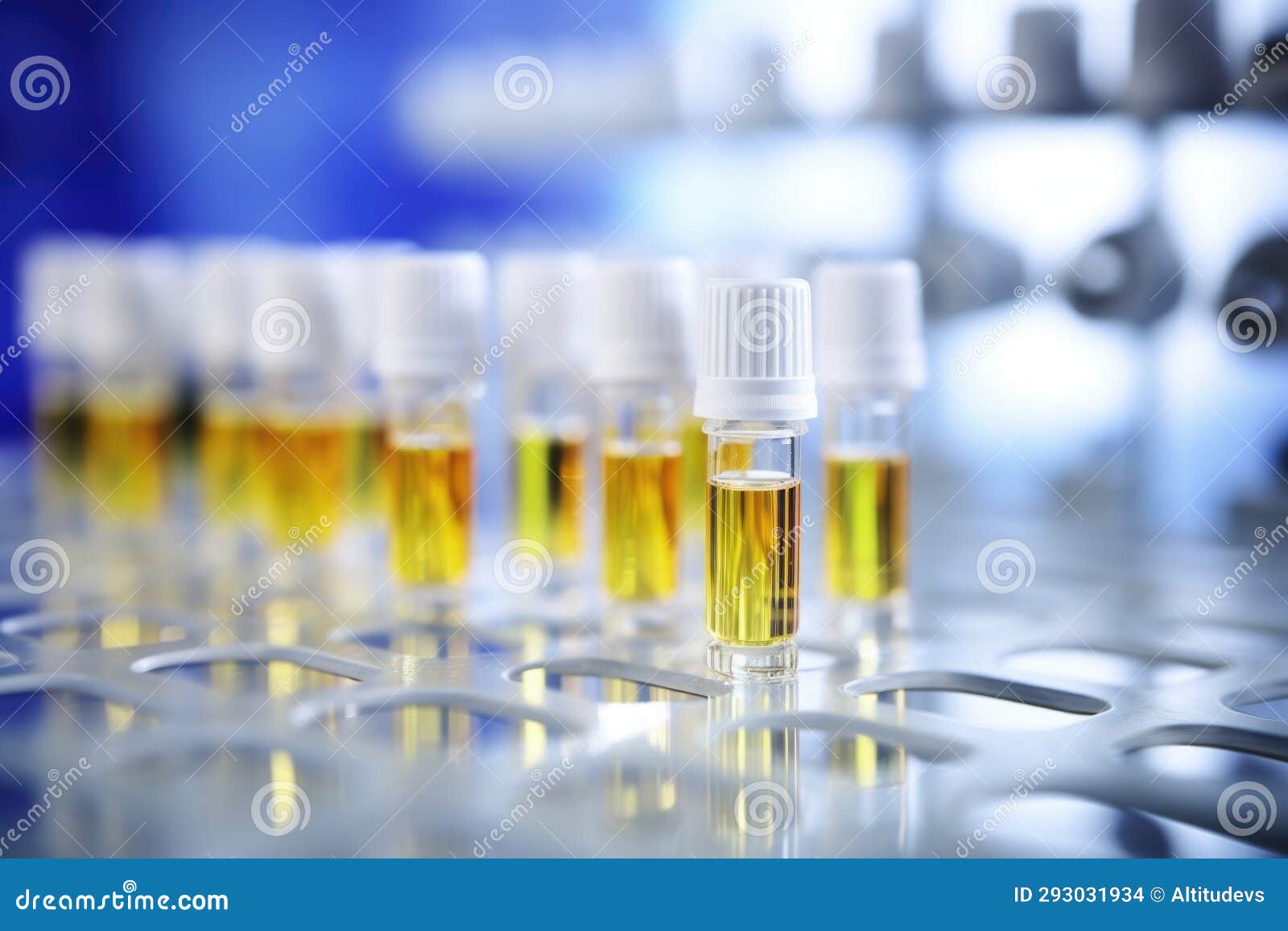 Close View of Vials with Blurred Lab Equipment in Backdrop Stock Photo ...