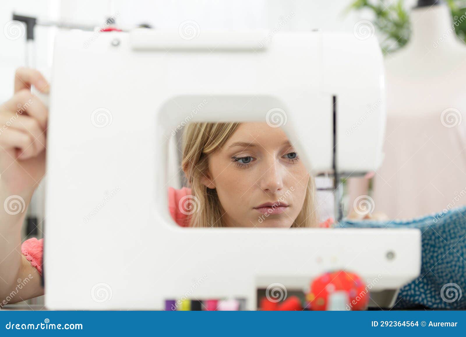 Close View Woman Seen through Sewing Machine Stock Photo - Image of ...
