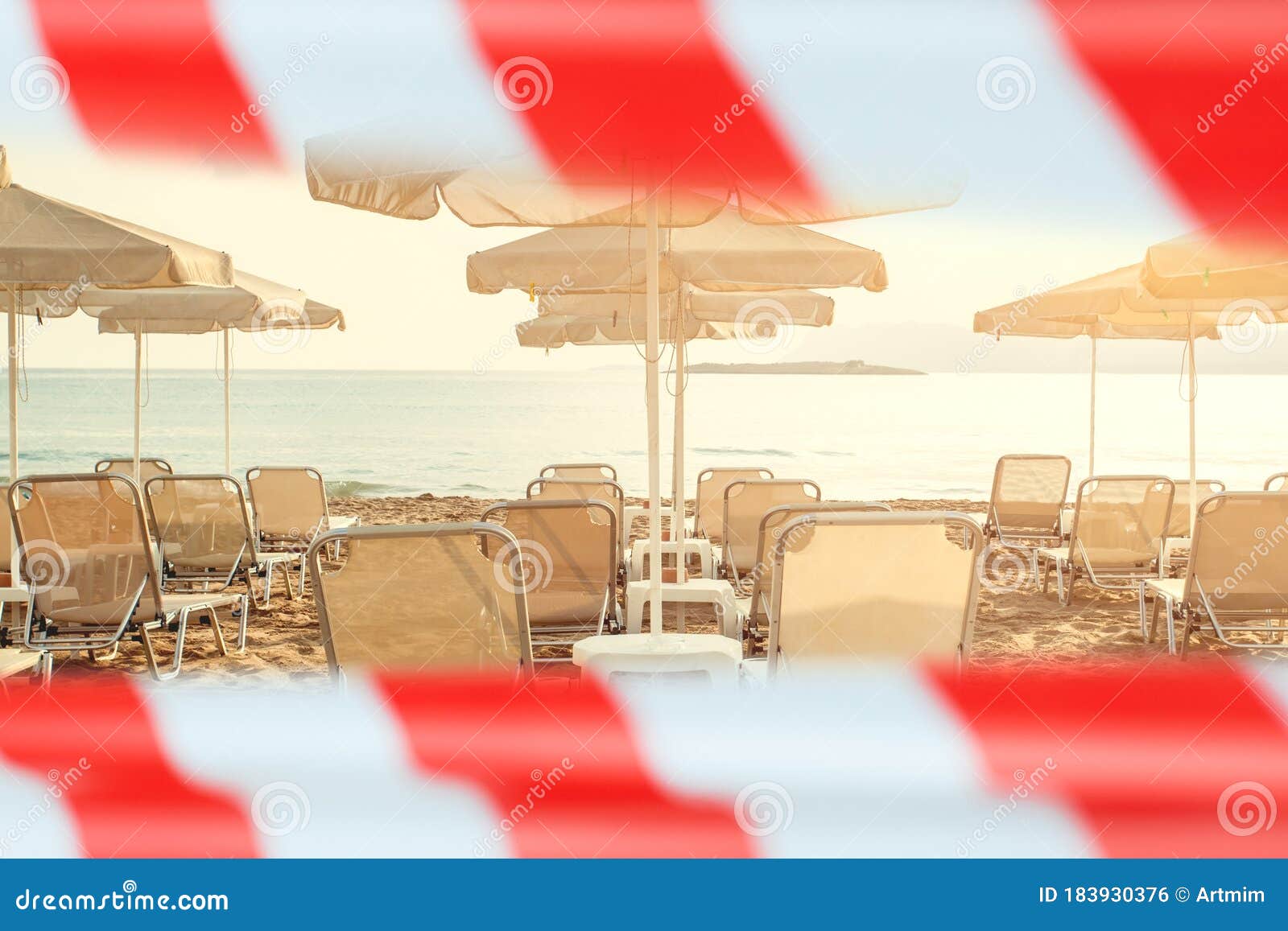 Closed Beach. Sea, Umbrellas and Sunbeds with Warning Tape Stock Photo ...