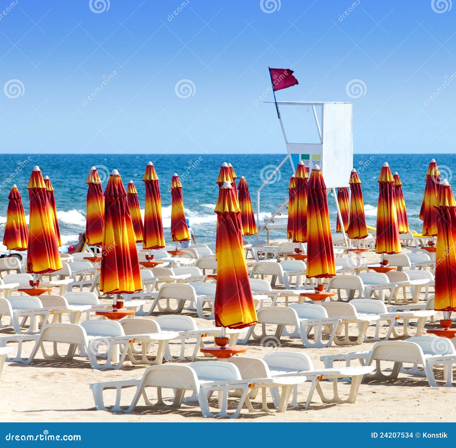 The Closed Beach Umbrellas and Red Flag Stock Photo - Image of exotic ...