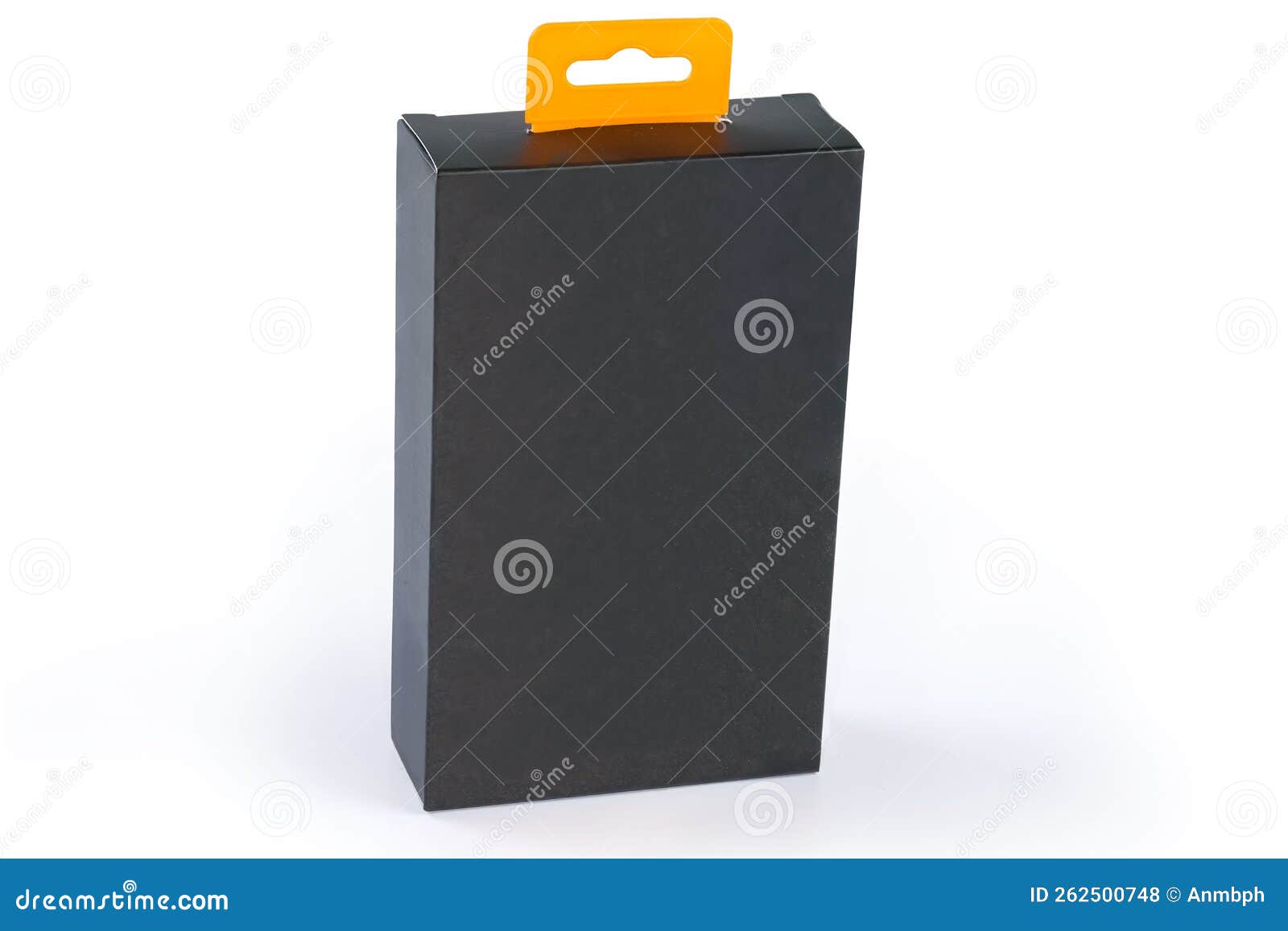 Closed Black Cardboard Packing Box with Orange Hanging Tab Stock Photo ...