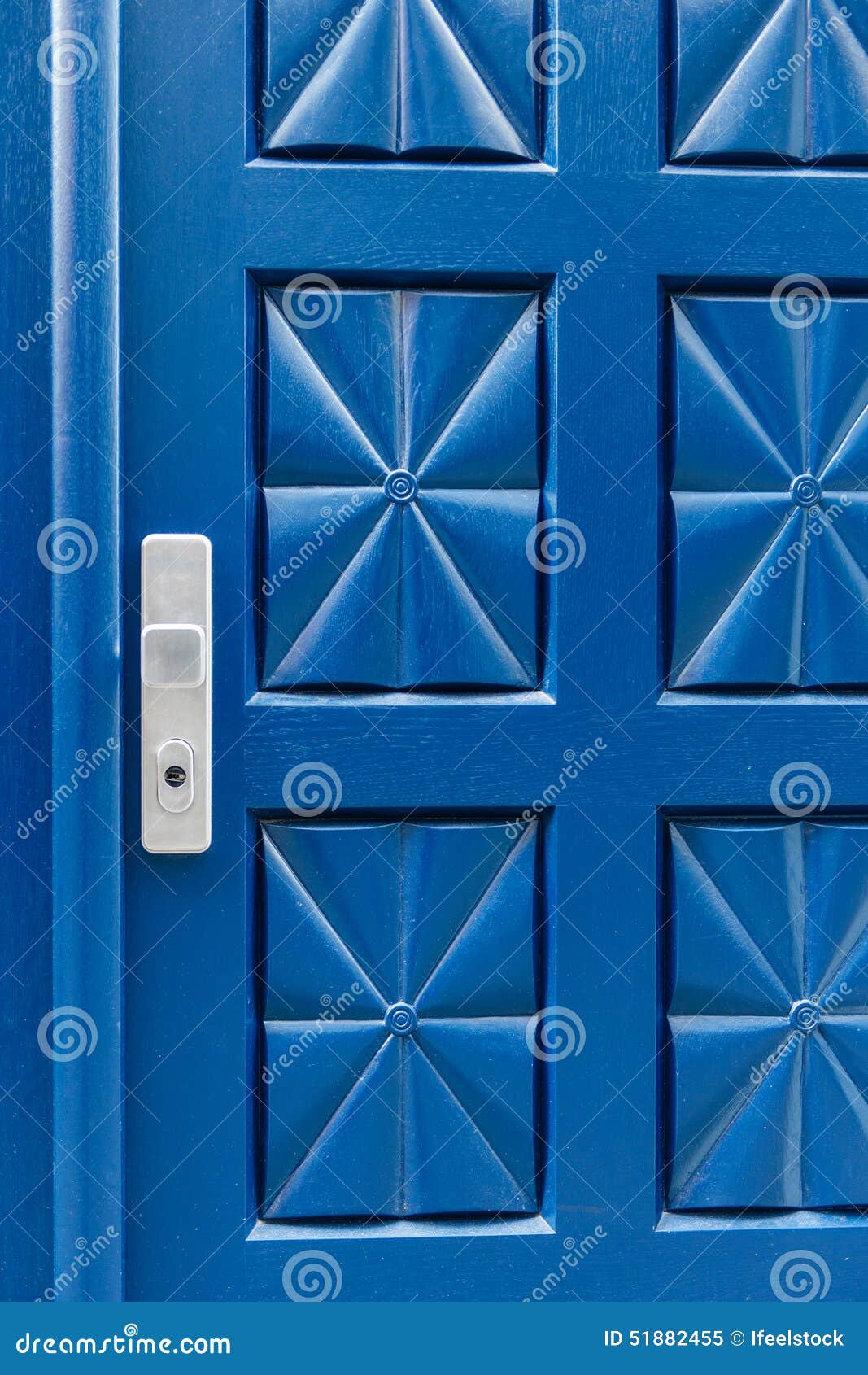 Closed Blue Door with Pattern and Aluminium Handle Stock Image - Image ...