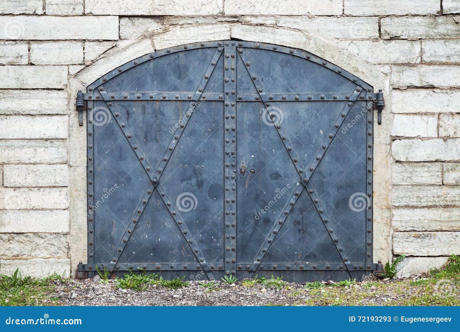 Closed Blue Metal Gate in Stone Wall Stock Image - Image of medieval ...