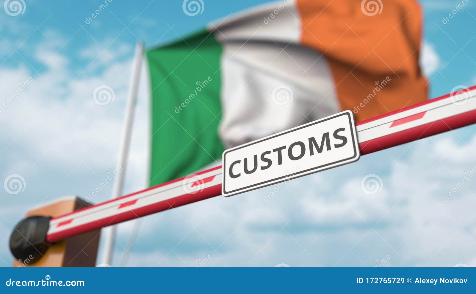 Closed Boom Gate with CUSTOMS Sign on the Irish Flag Background. Border ...