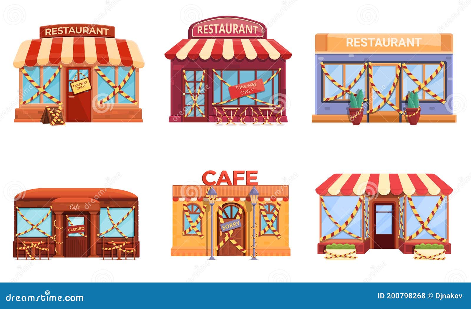 Closed Cartoon Restaurants Icons Set Stock Illustration - Illustration ...