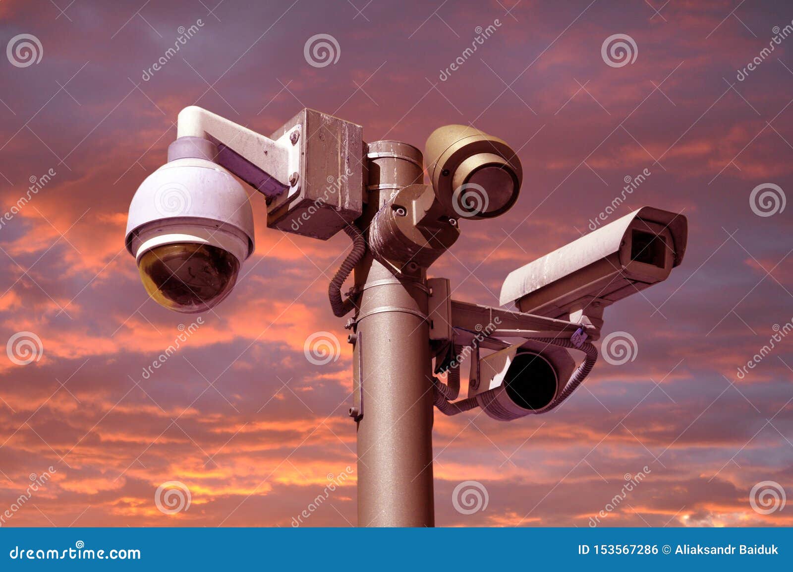 Closed Circuit Camera Multi-angle CCTV System. Against a Red Sky Stock ...