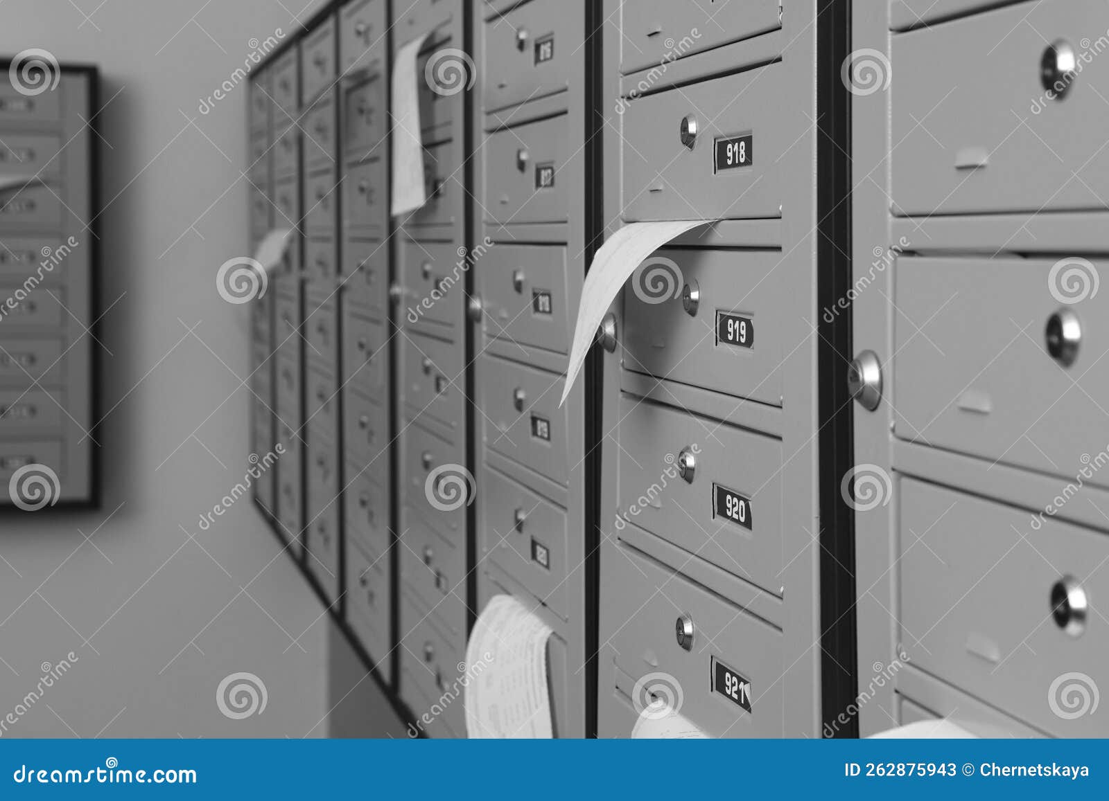 Closed Grey Metal Mailboxes with Receipts Indoors Stock Image - Image ...