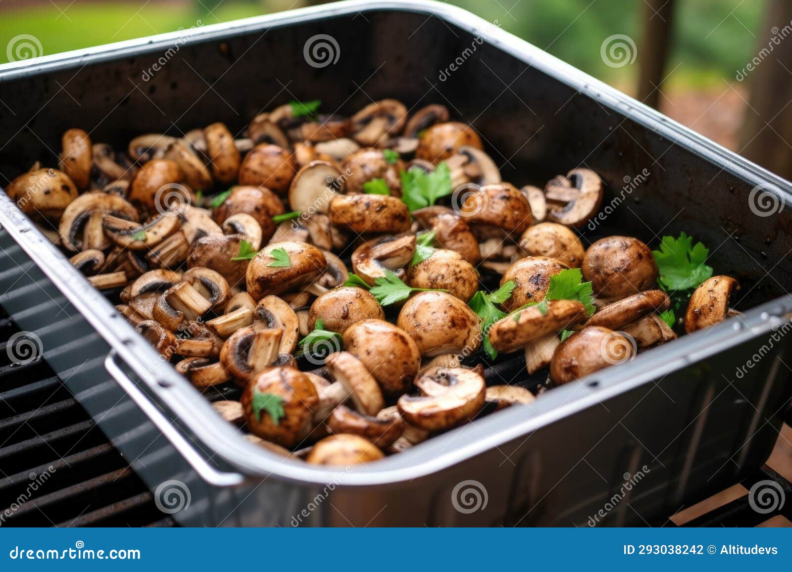 Closed Grill Container Filled with Grilling Mushrooms Stock Photo ...