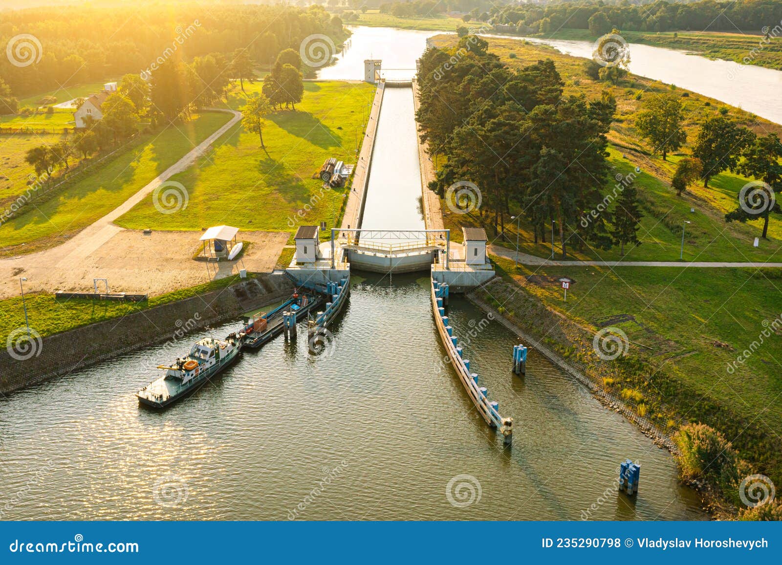 Closed Locks on the River, Transport Water Channel on the River Stock ...