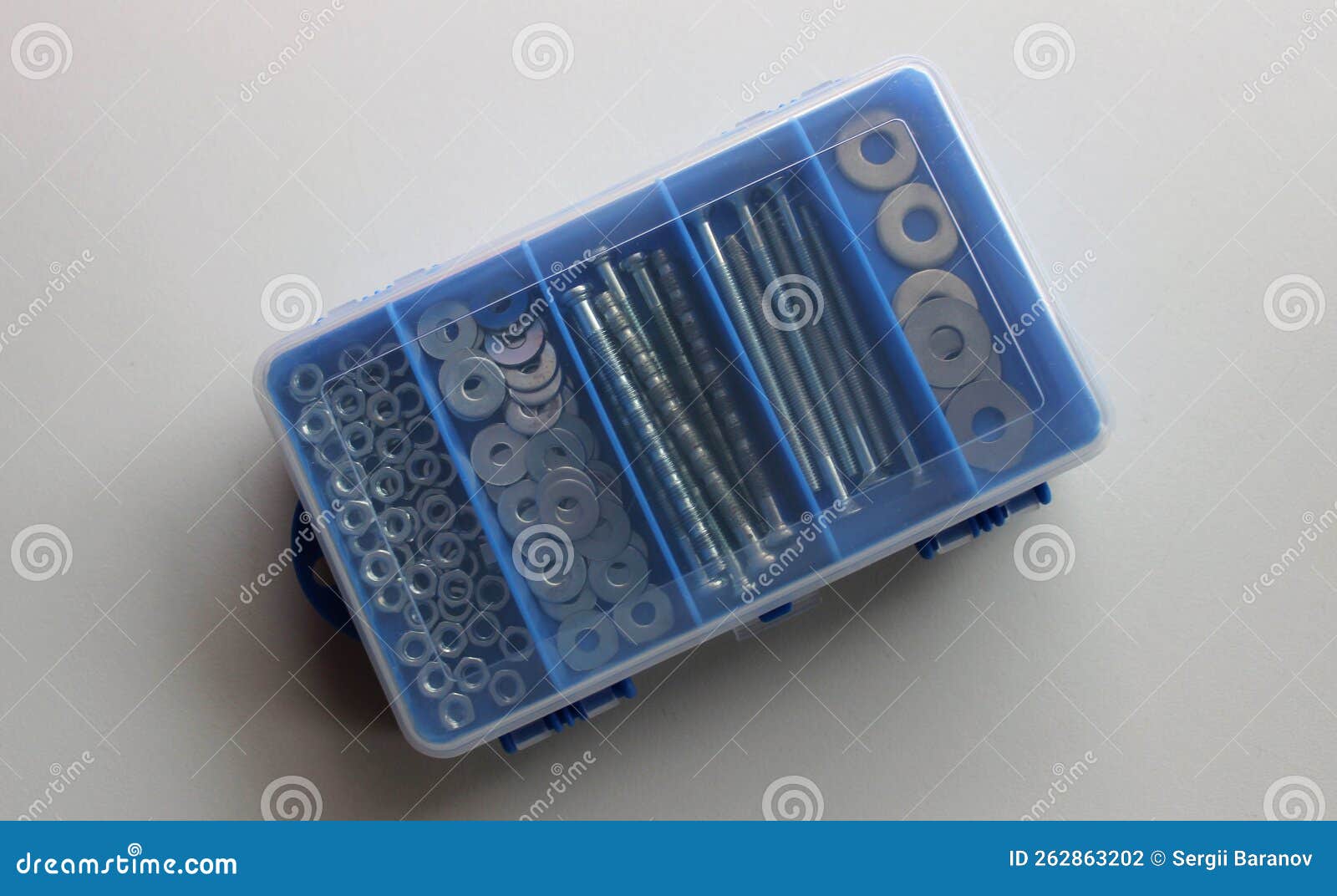 Closed Plastic Tool Box with Bolts, Nuts and Washers in Separated Cells ...