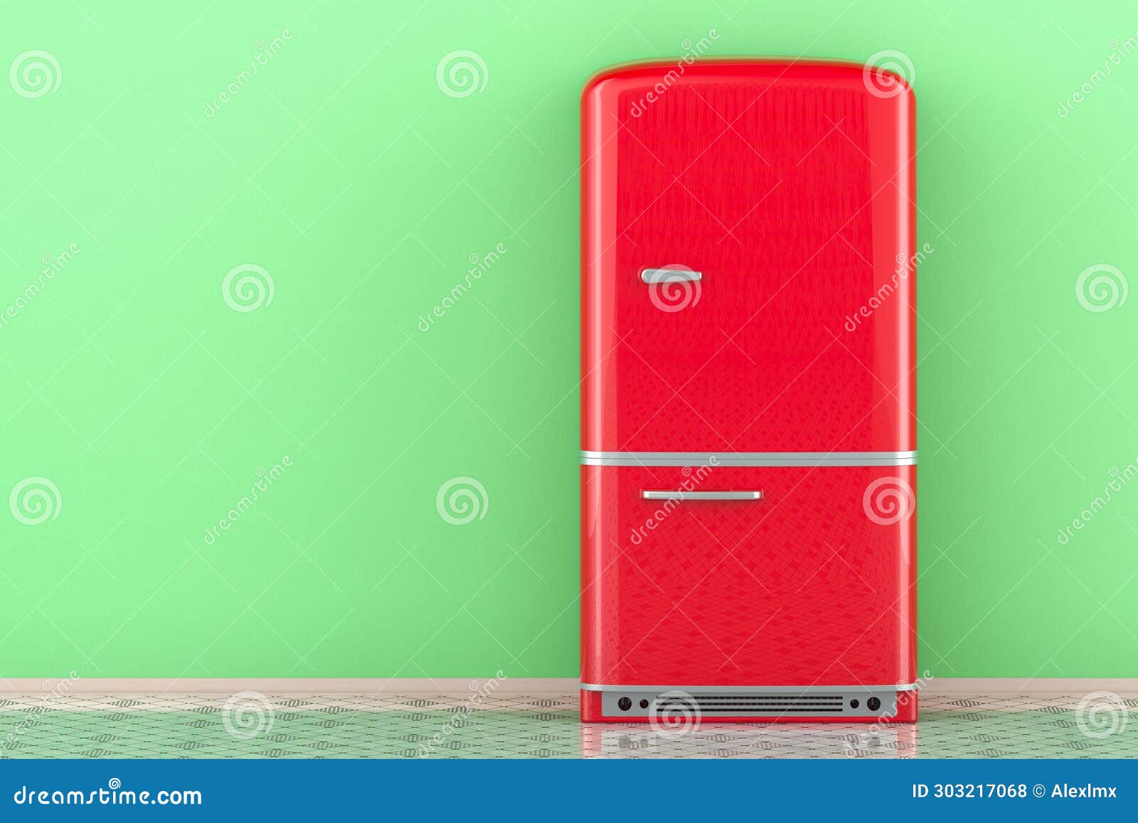 Closed Red Fridge, Retro Design in Room, Front View. 3D Rendering Stock ...