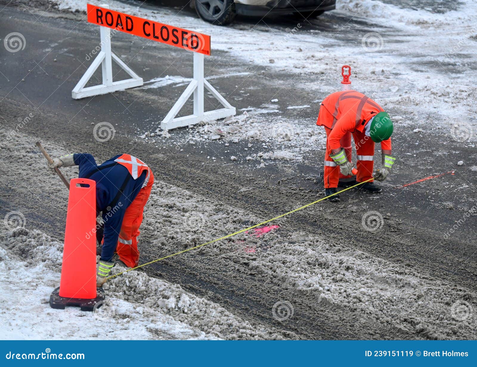 Closed Road with Construction Workers Measuring Stock Image - Image of ...
