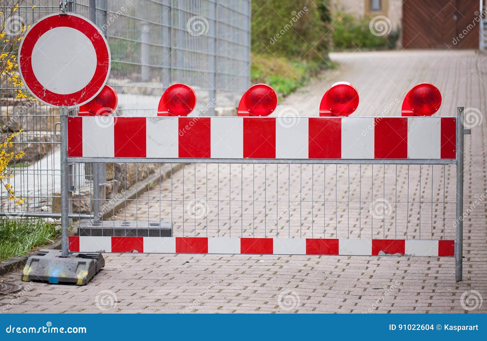 Closed Street with Construction Sign Barrier Stock Photo - Image of ...