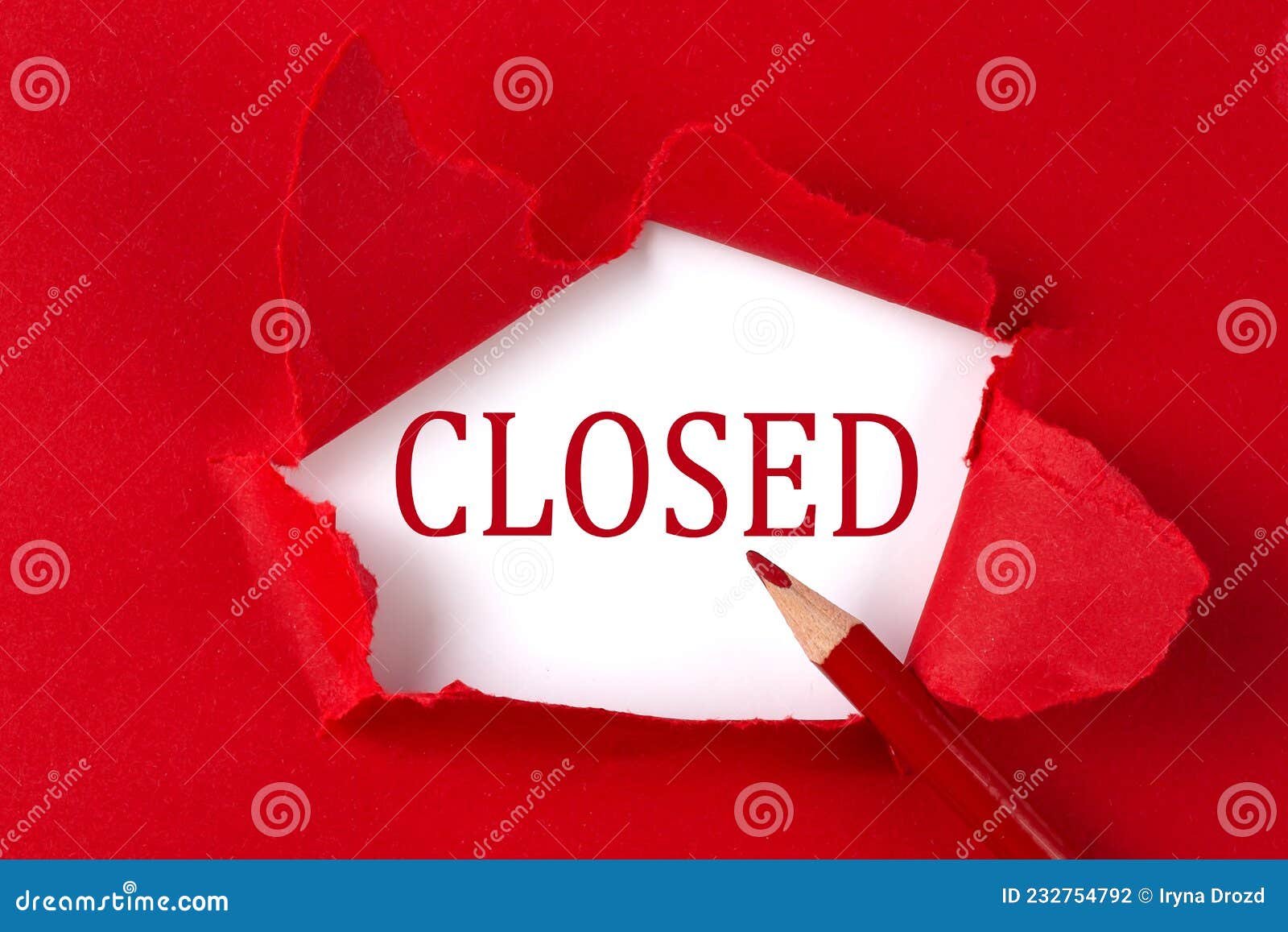 CLOSED Text on the Red Torn Paper with Red Pencil Stock Illustration ...