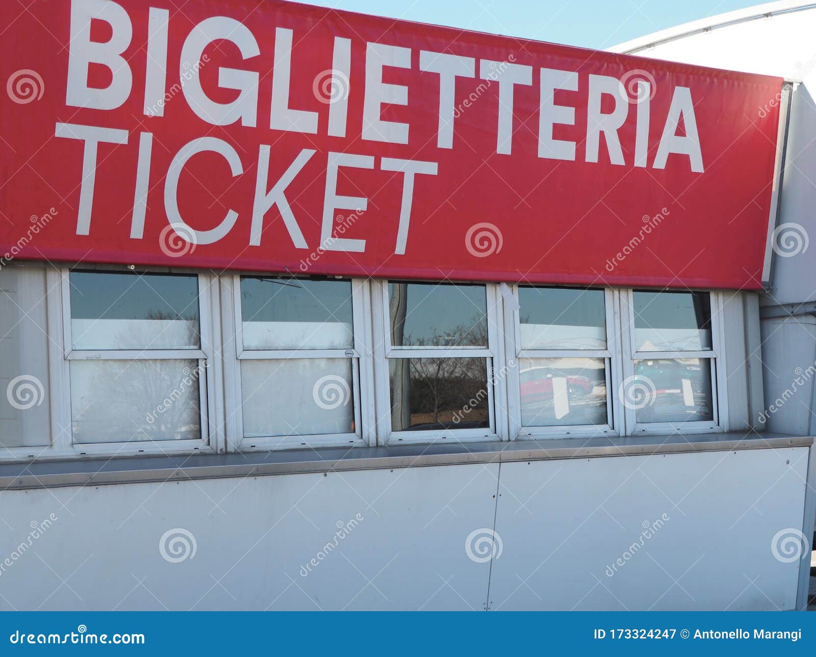 Closed Ticket Box Office Windows Under Big Red Sign Stock Image - Image ...