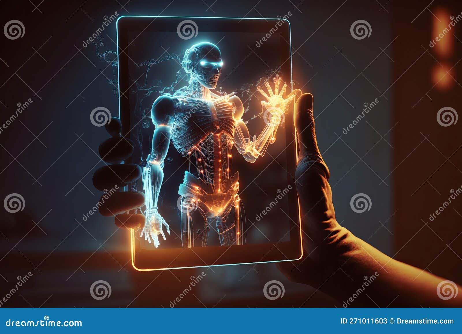 Closed Up Ai Robot Hand Touching Tablet and Showing Ai Data on Screen ...