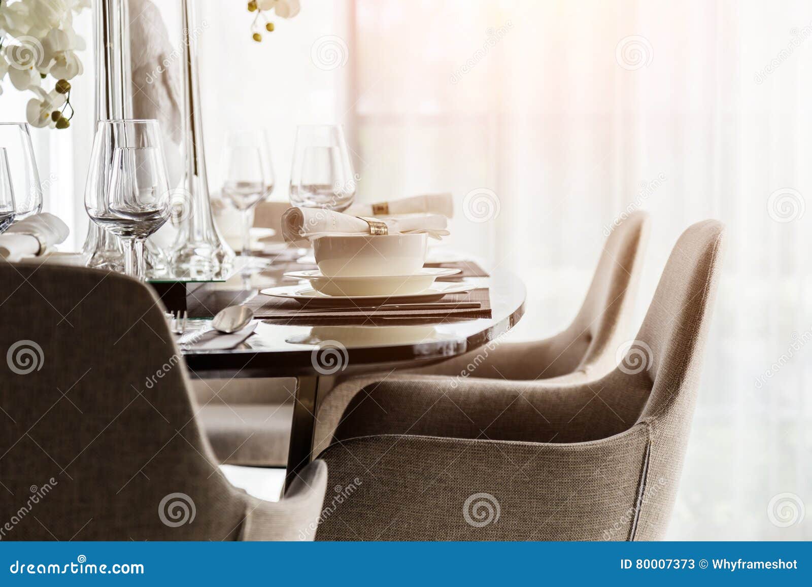 Closed Up Nice Dining Chair with Wooden Table and Dish Sets Interior ...