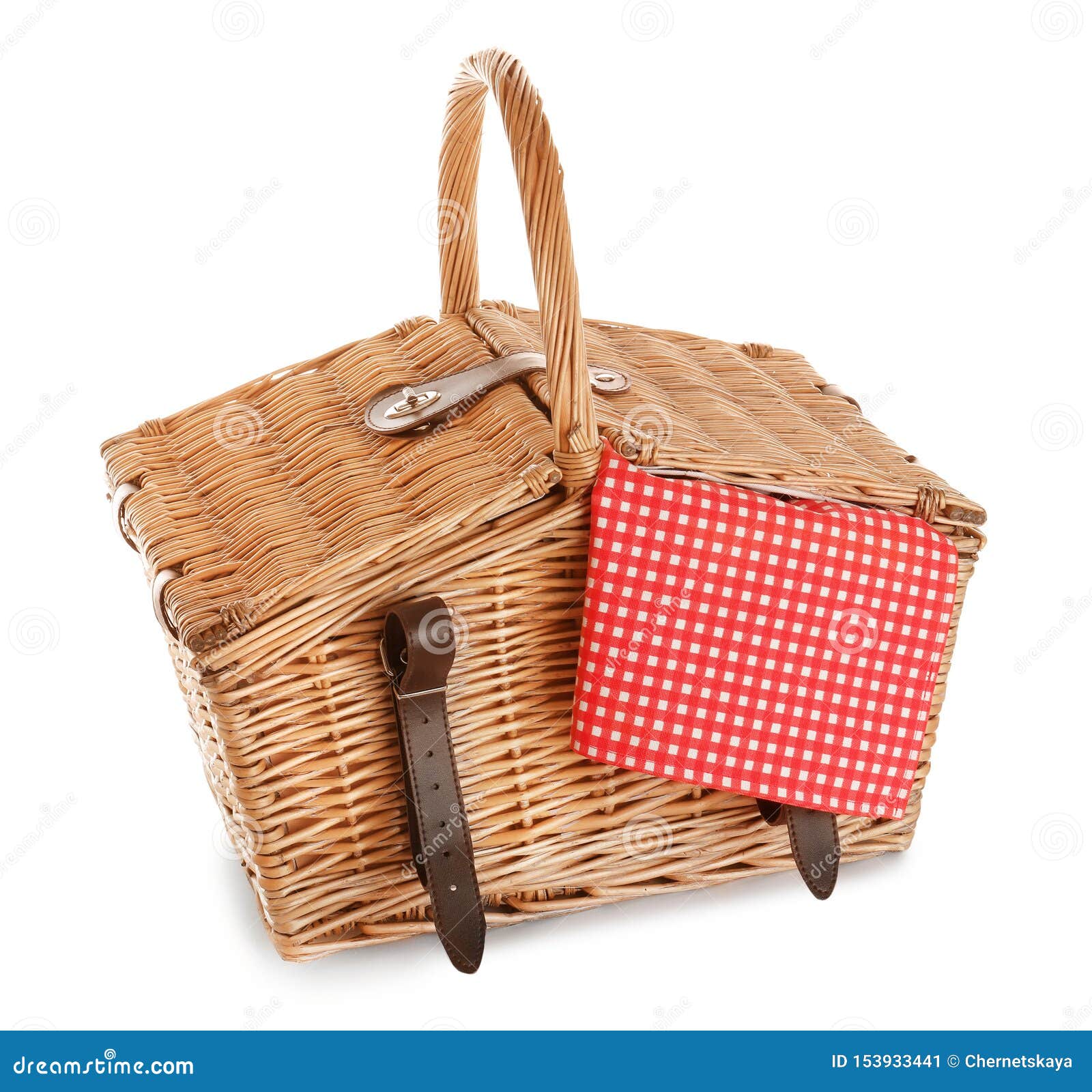 Closed Wicker Picnic Basket with Checkered Tablecloth Stock Image ...