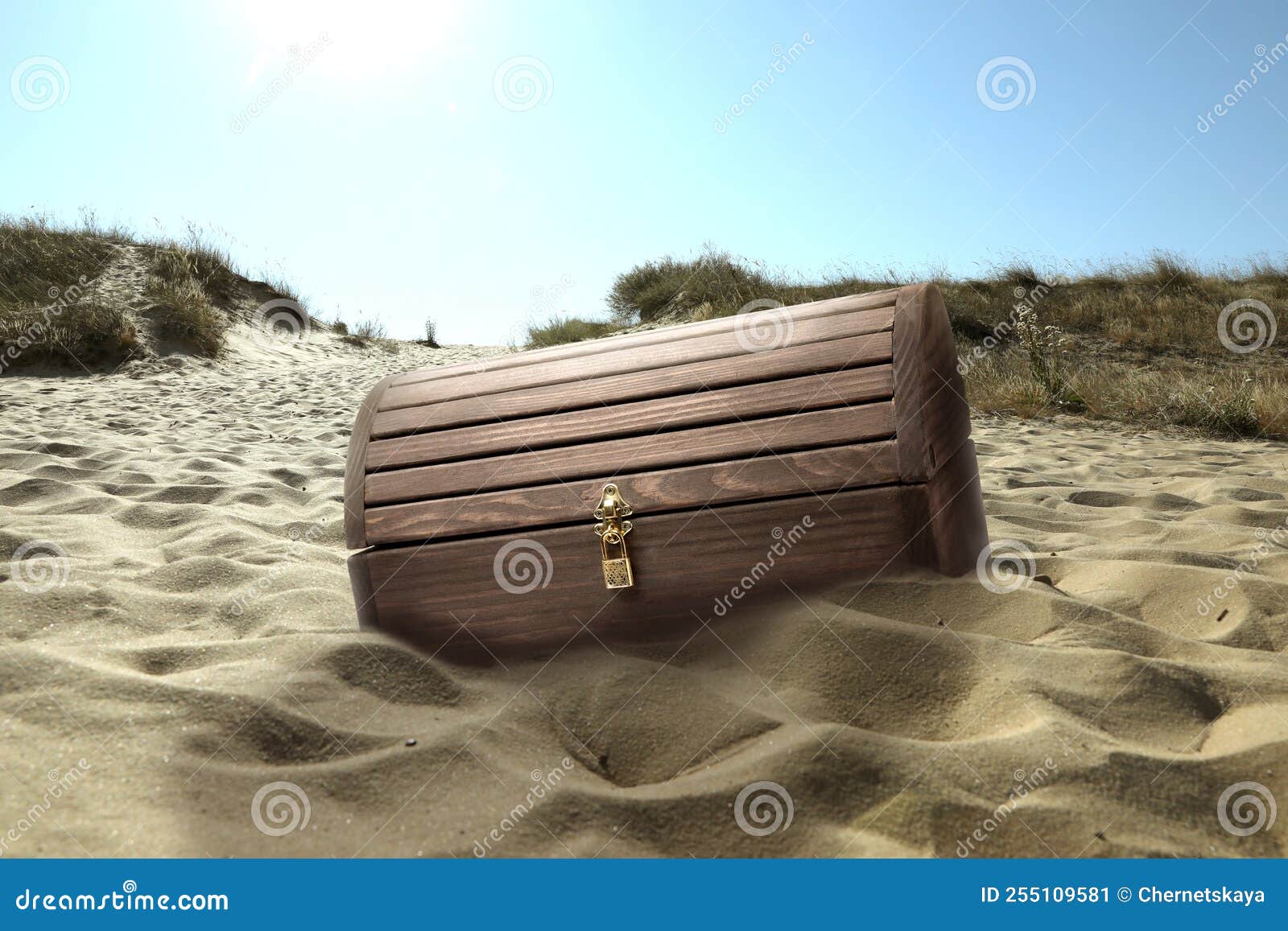 Closed Wooden Treasure Chest on Sandy Beach Stock Image - Image of rich ...