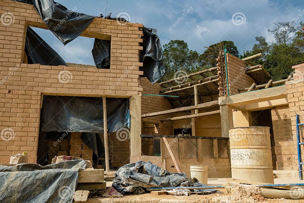 Closer Look of a Messy Construction Site of an Adobe Bricks House Stock ...