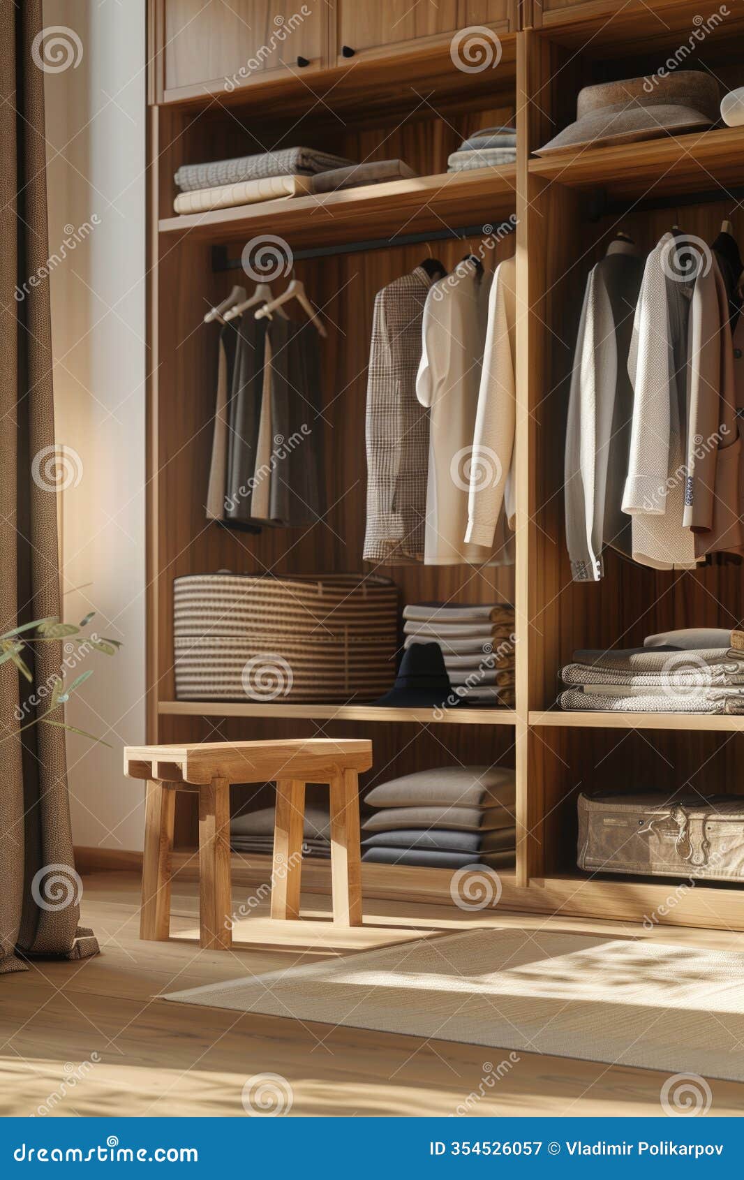 A Closet Filled with Clothes and a Stool Inside. Suitable for Interior ...
