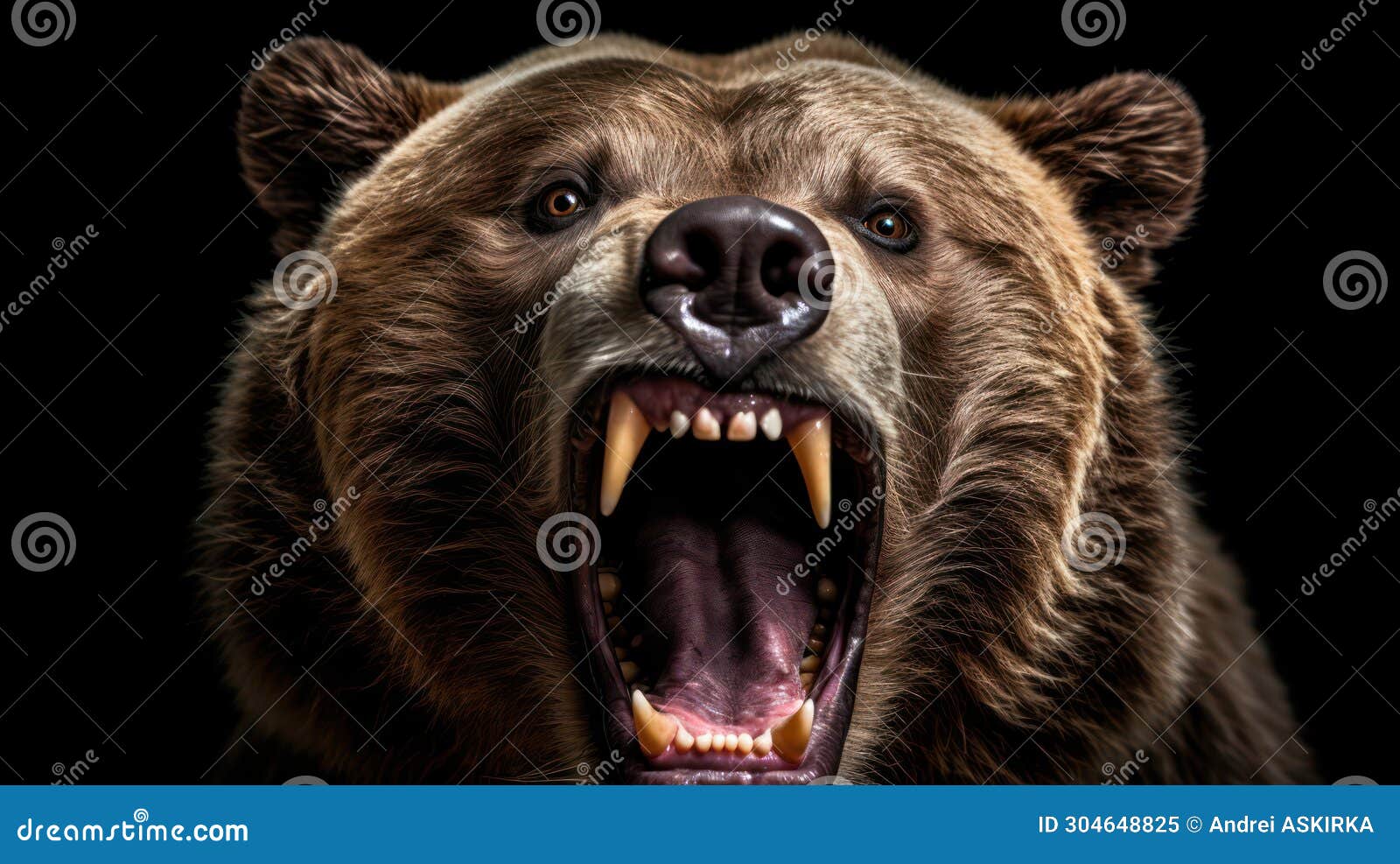 Closeup on an Alert Brown Bear Showing Its Teeth Isolated on Black ...