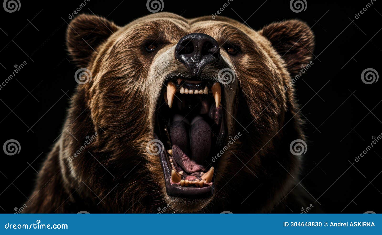 Closeup on an Alert Brown Bear Showing Its Teeth Isolated on Black ...