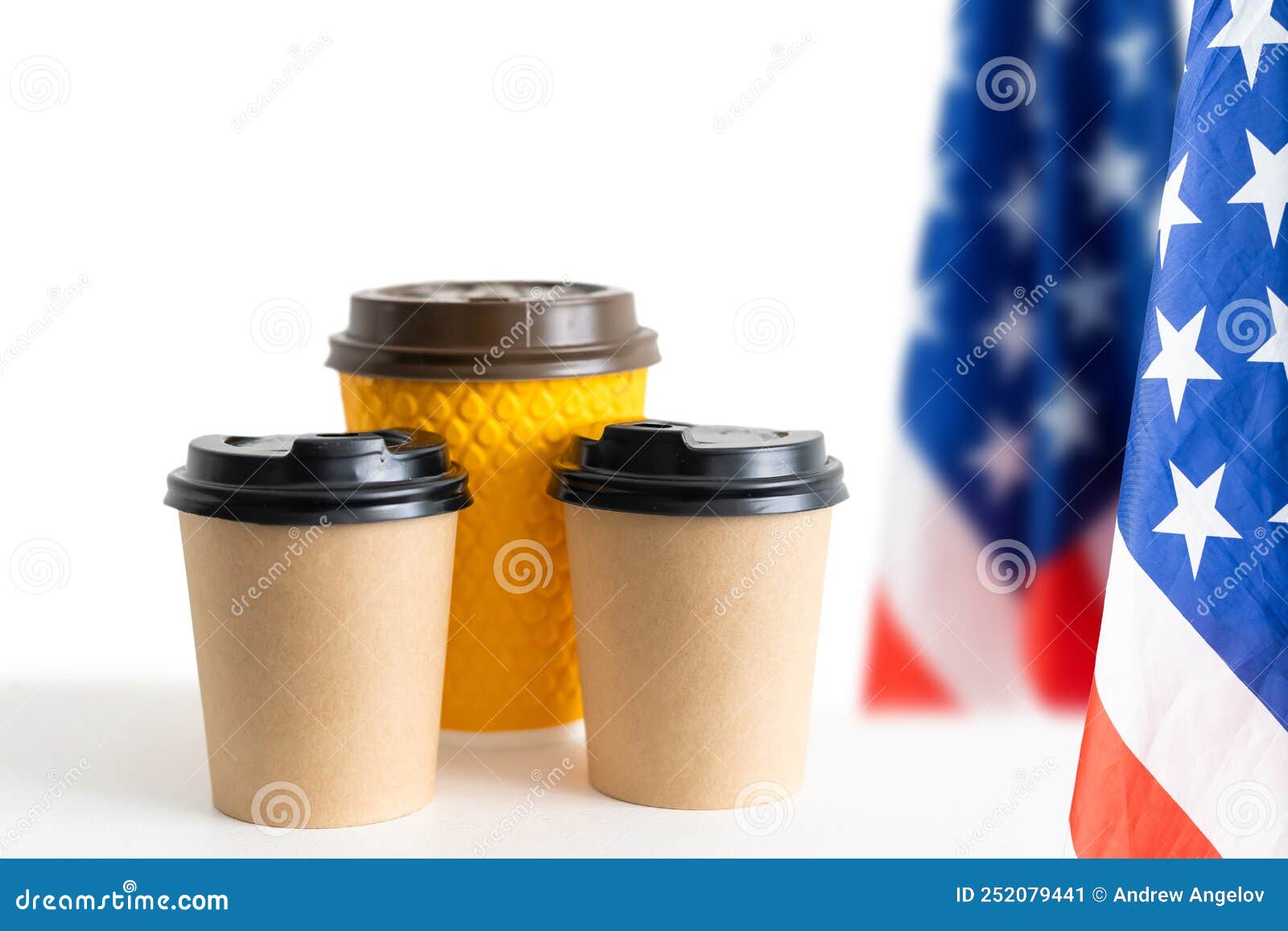 Closeup of American Flag with Coffee Paper Cups. Stock Image - Image of ...