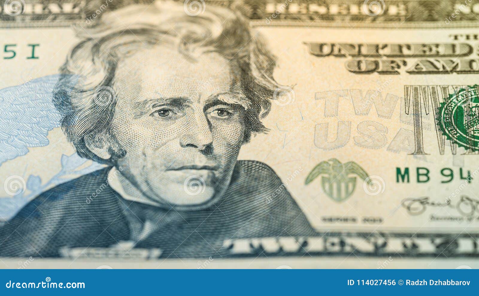 Closeup American Money Twenty Dollar Bill Andrew Jackson Portrait Us