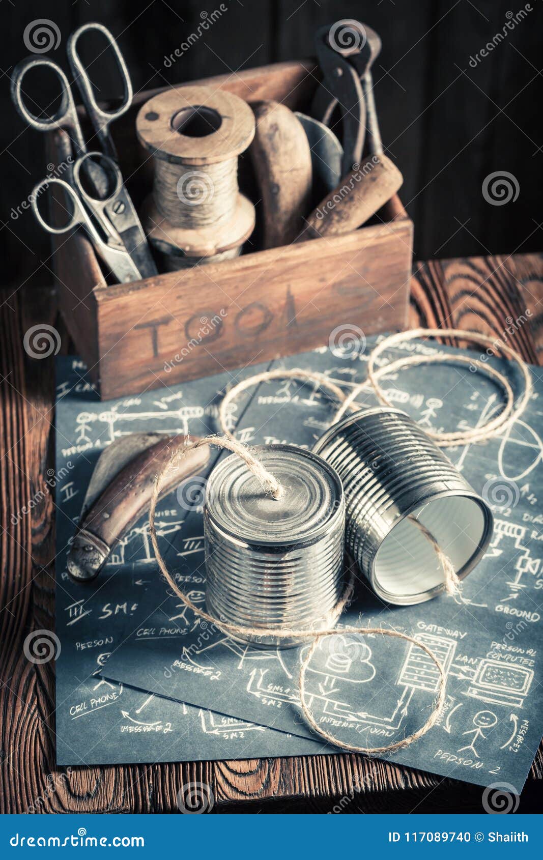 Closeup of Analog Telephone Made of String and Cans Stock Photo - Image ...