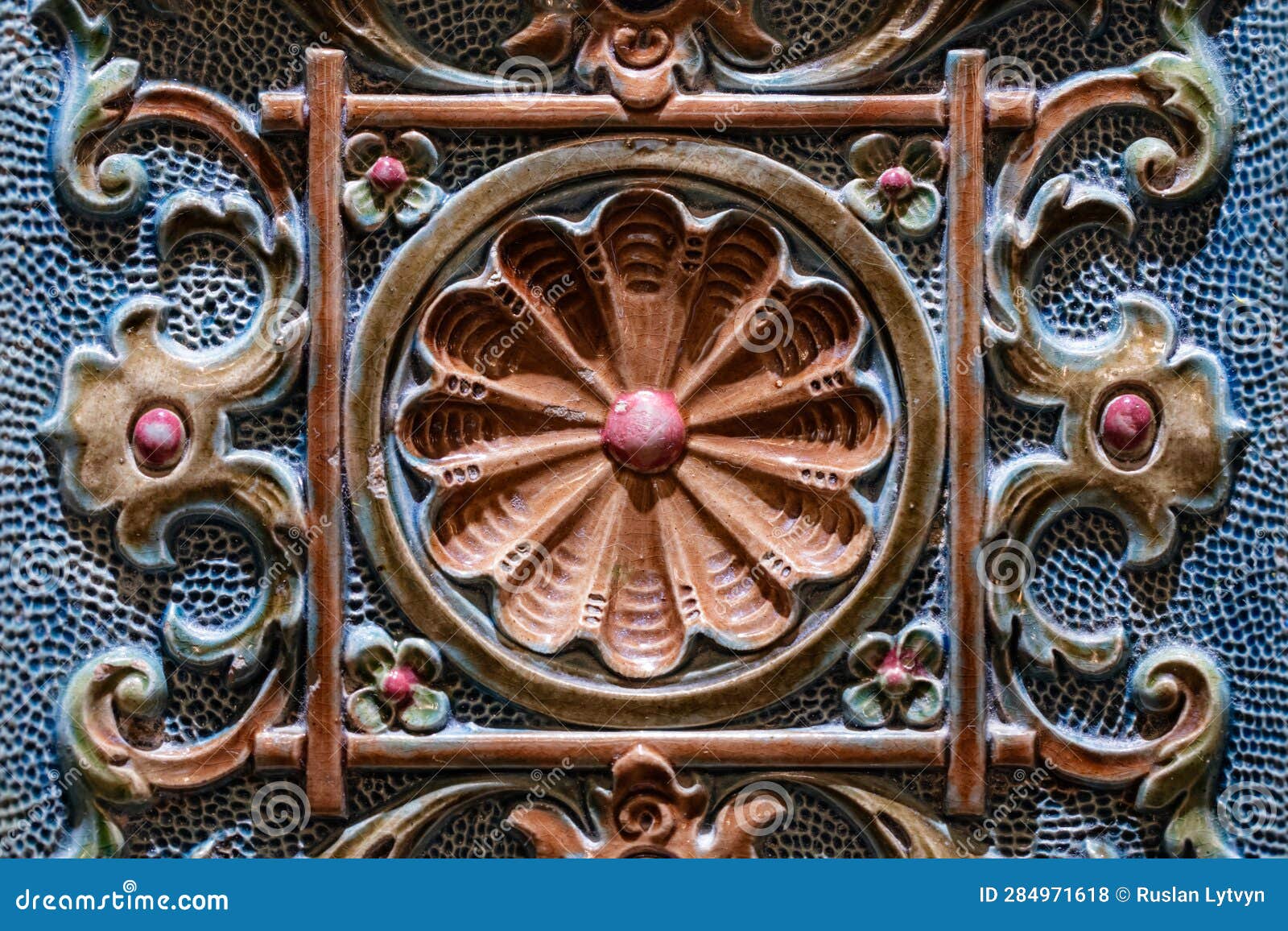 Closeup of Ancient Decorated Furnace Tile Stock Photo - Image of design ...