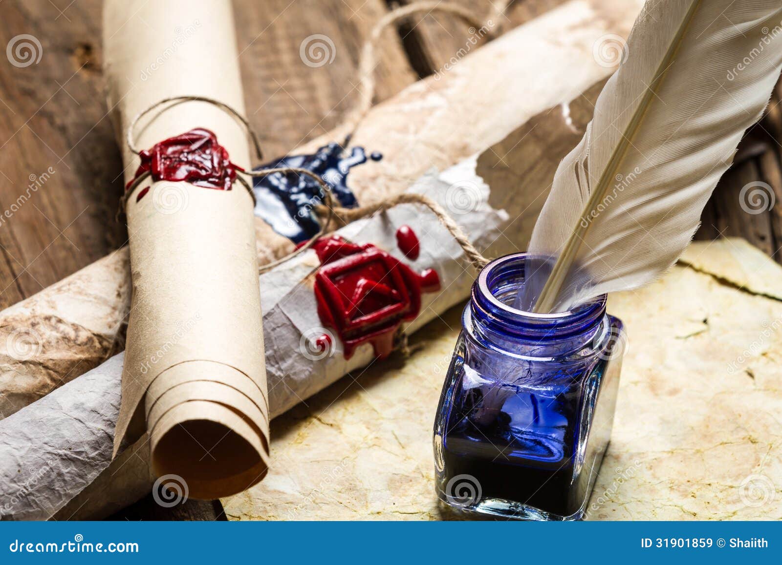 Closeup of Ancient Scrolls Writing by Feather with Blue Ink Stock Image ...