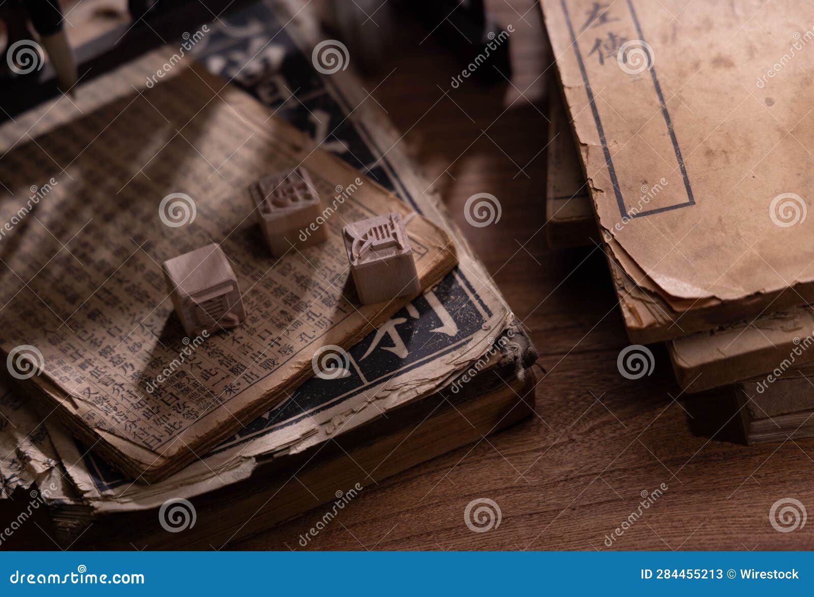 Closeup of Ancient Thread-bound Books with Chinese Characters, Movable ...