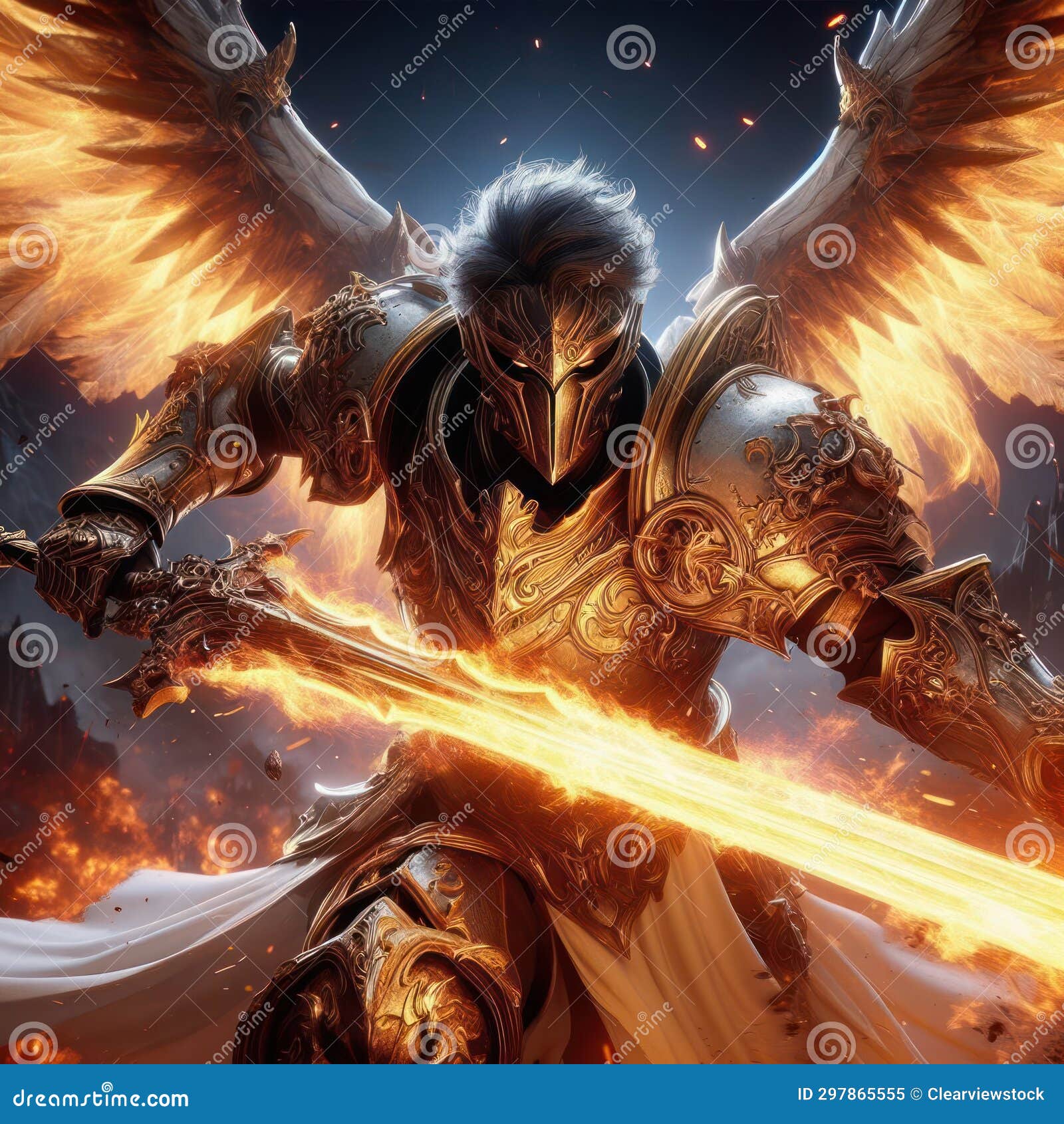 Closeup of an Angelic Golden Paladin Knight or Archangel with Flaming ... Closeup of an Angelic Golden Paladin Knight or Archangel with Flaming ...