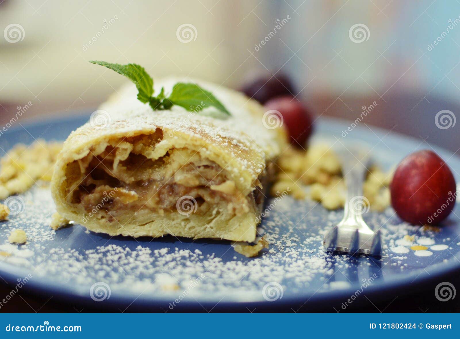 Apple Strudel on a Blue Plate Stock Photo - Image of strudel, plate ...