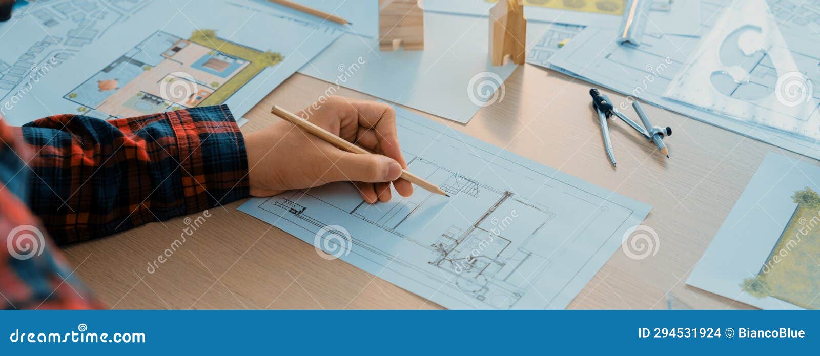 Closeup of Architect Engineer Hand Using Ruler Draw a Blueprint ...