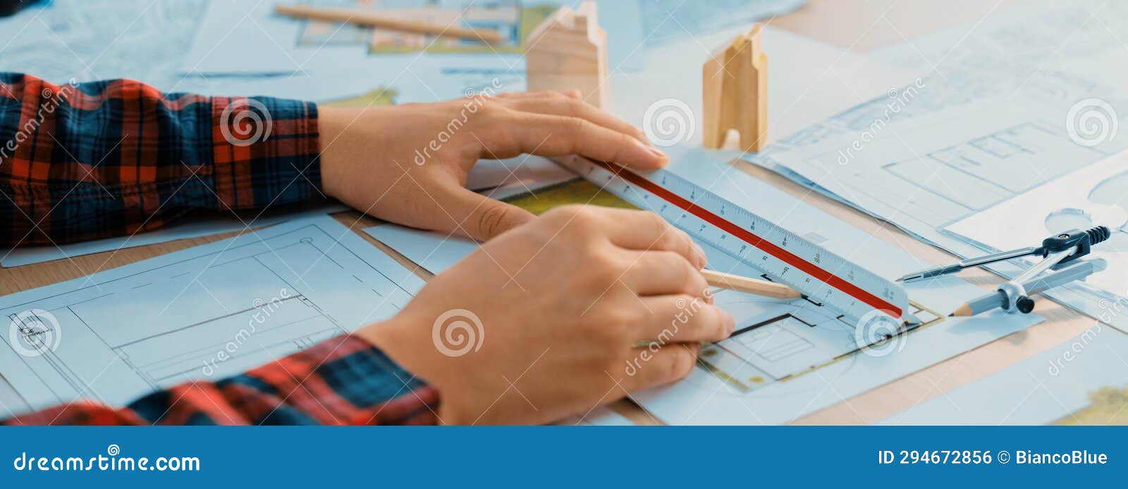 Closeup of Architect Engineer Hand Using Ruler Draw a Blueprint ...