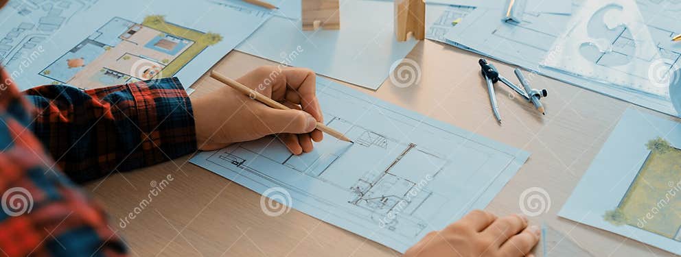 Closeup of Architect Engineer Hand Using Ruler Draw a Blueprint ...