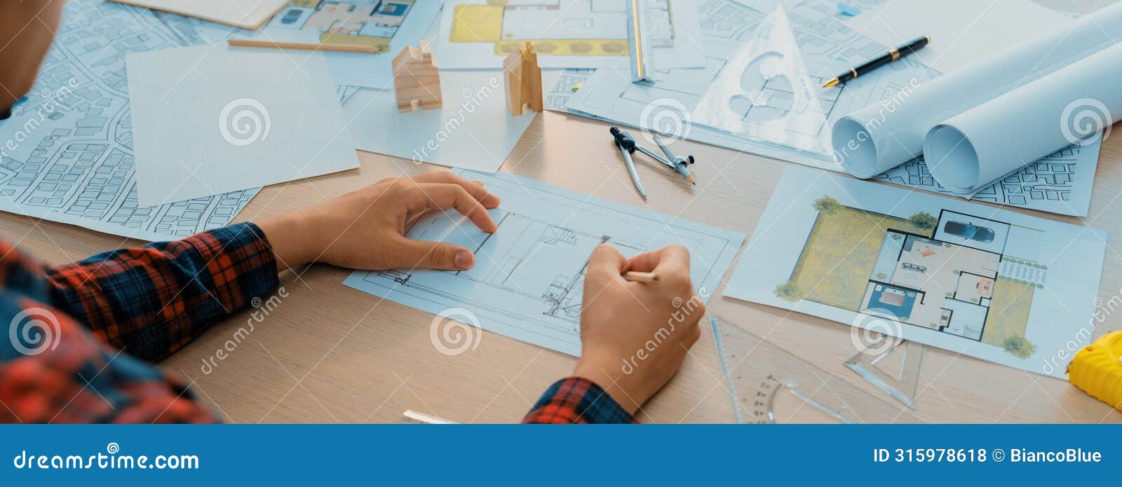 Closeup of Architect Engineer Hand Using Ruler Draw a Blueprint ...