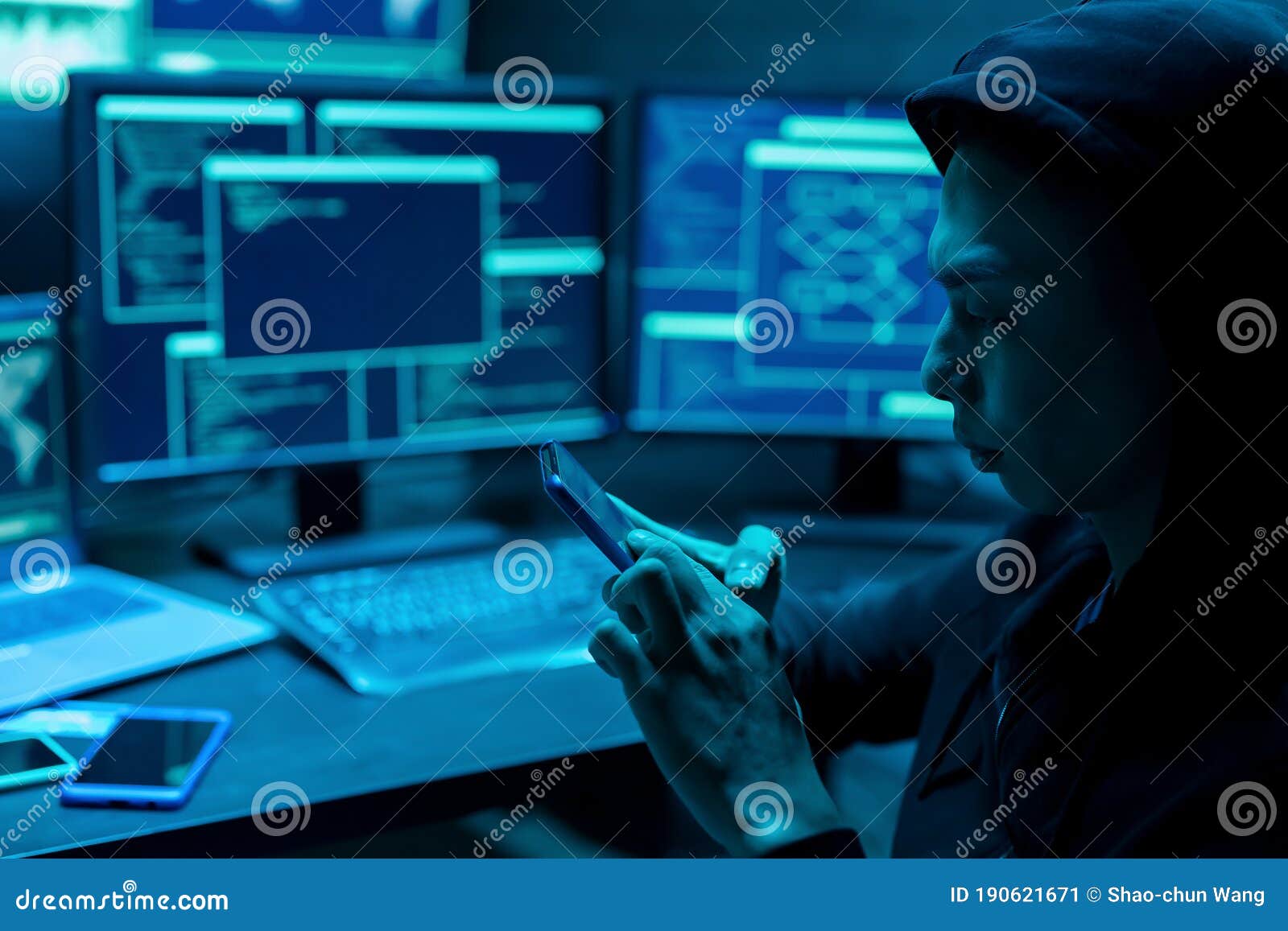 Closeup of Asian Male Hacker Stock Image - Image of data, firewall ...