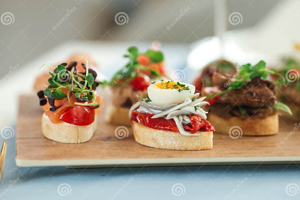 Closeup on Assorted Tapas with Different Toppings Stock Image - Image ...