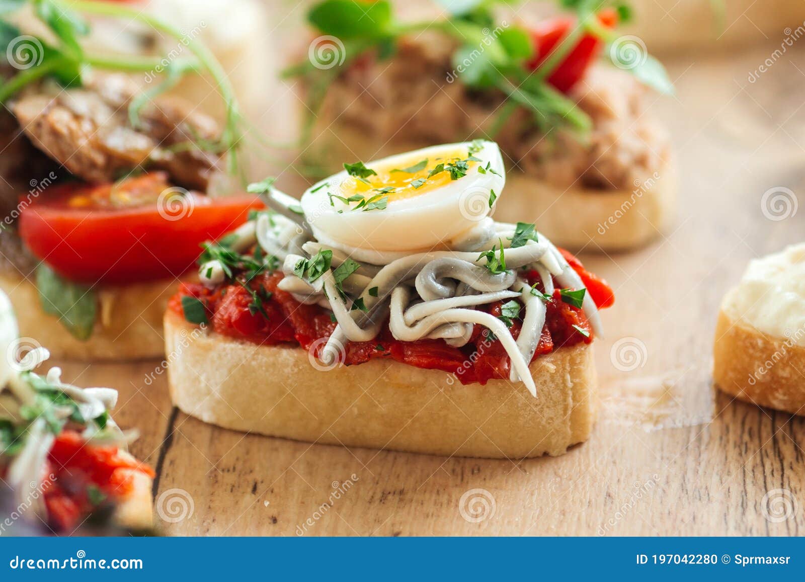 Closeup on Assorted Tappas with Different Toppings Stock Photo - Image ...