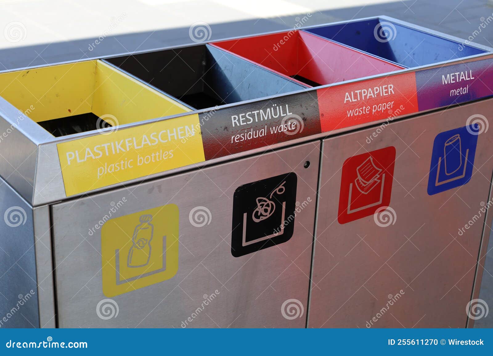 Closeup of an Austrian Public Recycle Bin with Garbage Sorting Icons ...