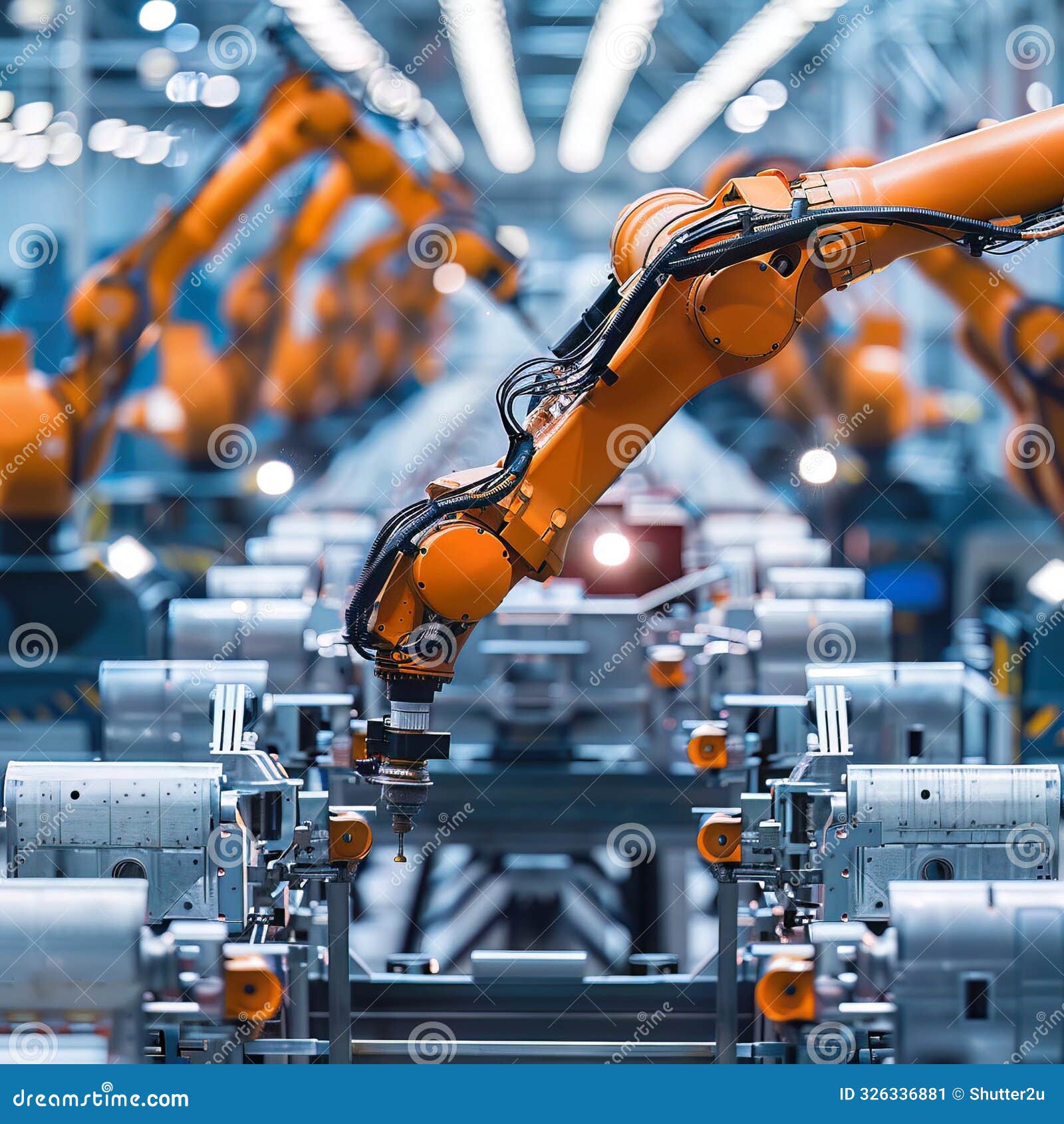 A Closeup of an Automatic Assembly Line Robot Arm Placing Components ...