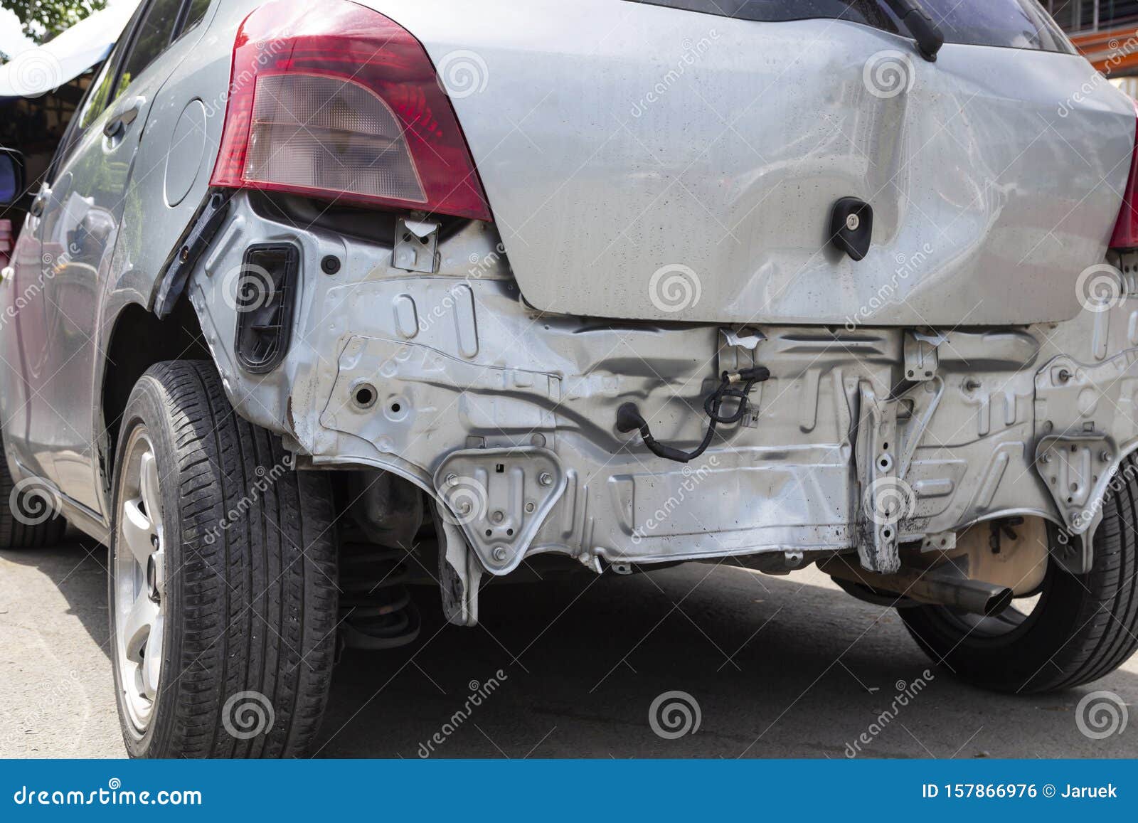 Closeup Back of Silver Car Get Damaged by Accident on the Road Stock ...