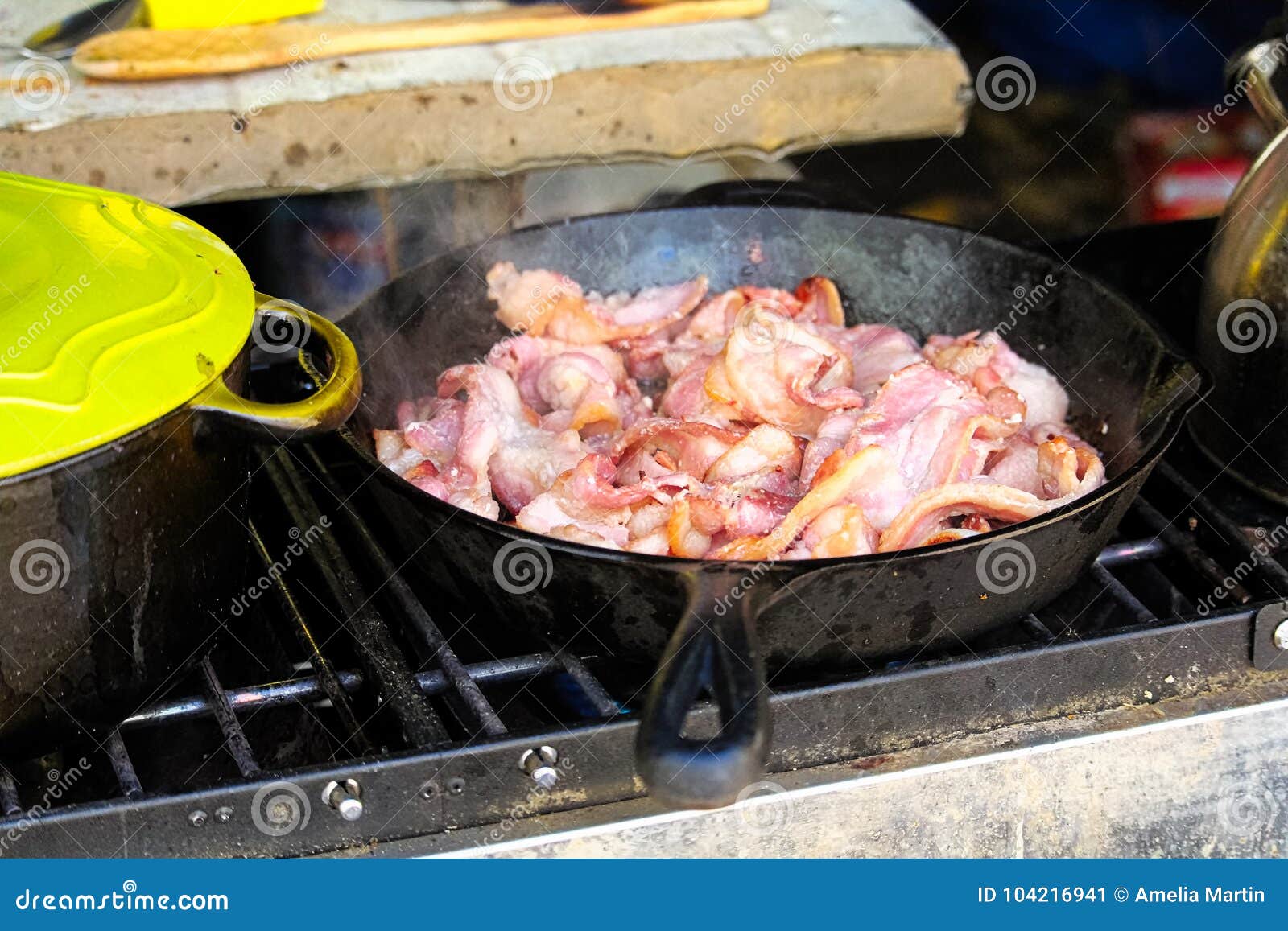 Closeup of Bacon Frying in a Pan Stock Image - Image of camp, dinner ...